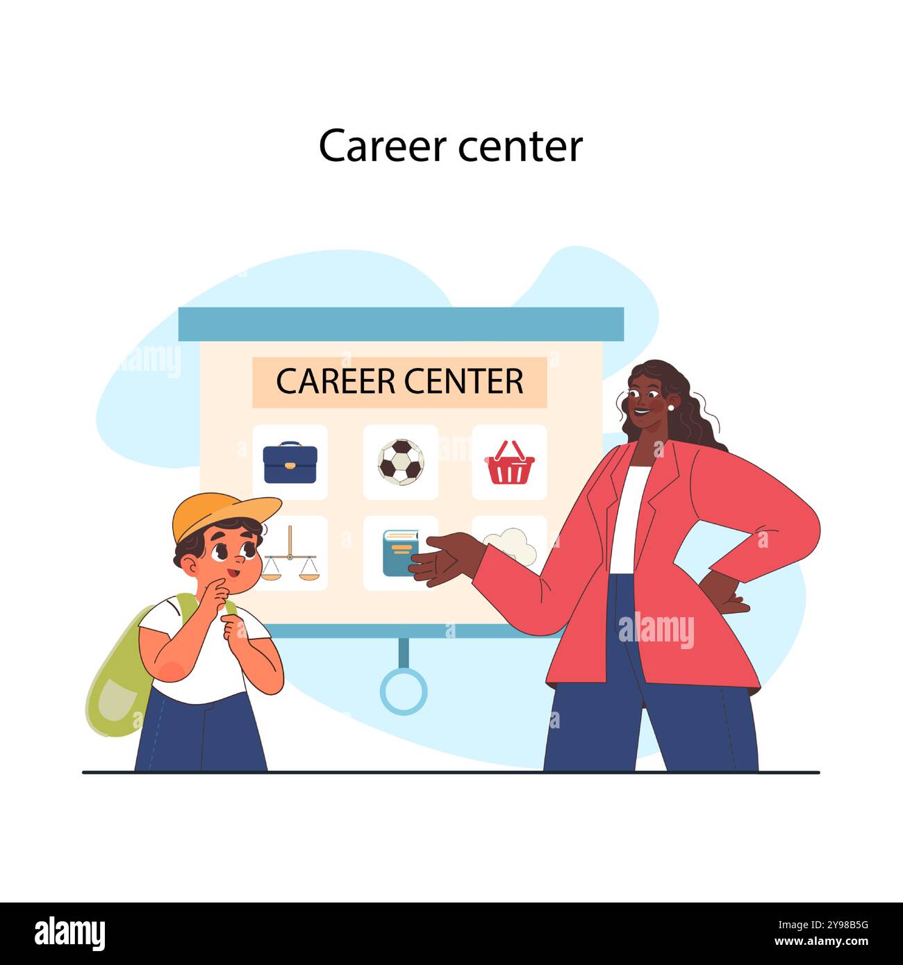 Career guidance for children. Career center specialist helping a kid to ...