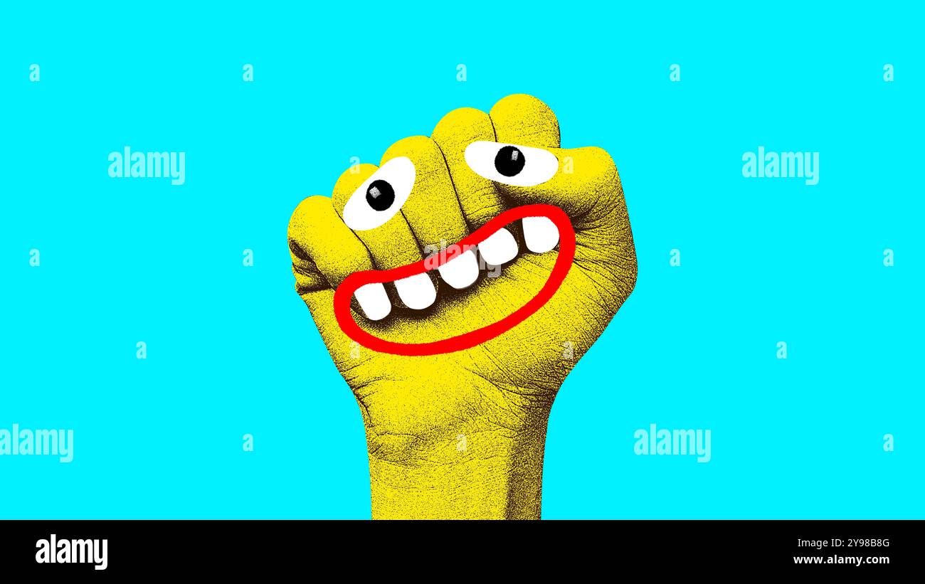 Yellow fist with wide eyes and comical, red-lipped grin on turquoise ...