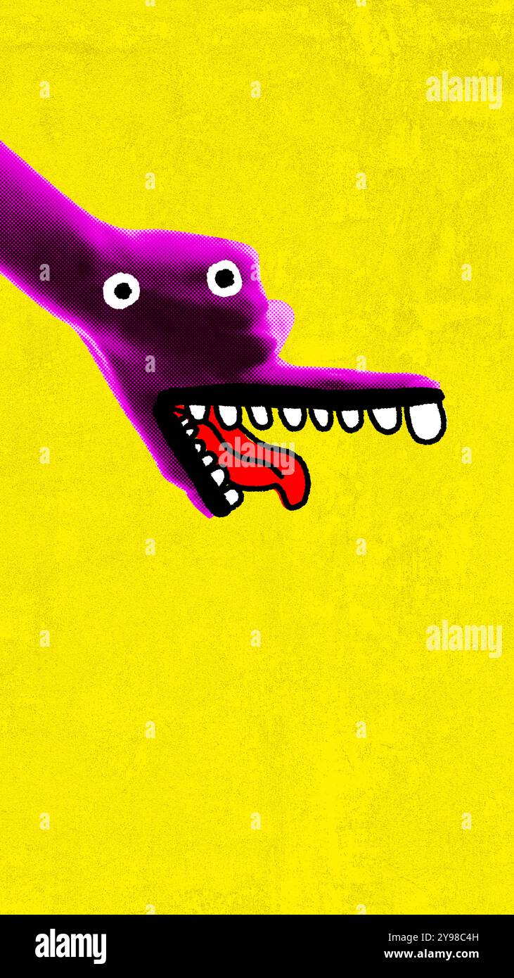 Purple hand with bulging eyes and long, toothy grin sticks its tongue ...