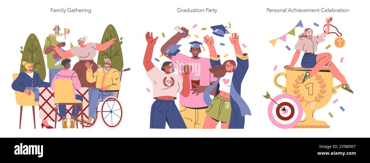 Celebration set. Gatherings depicting family union, graduation joy, and ...