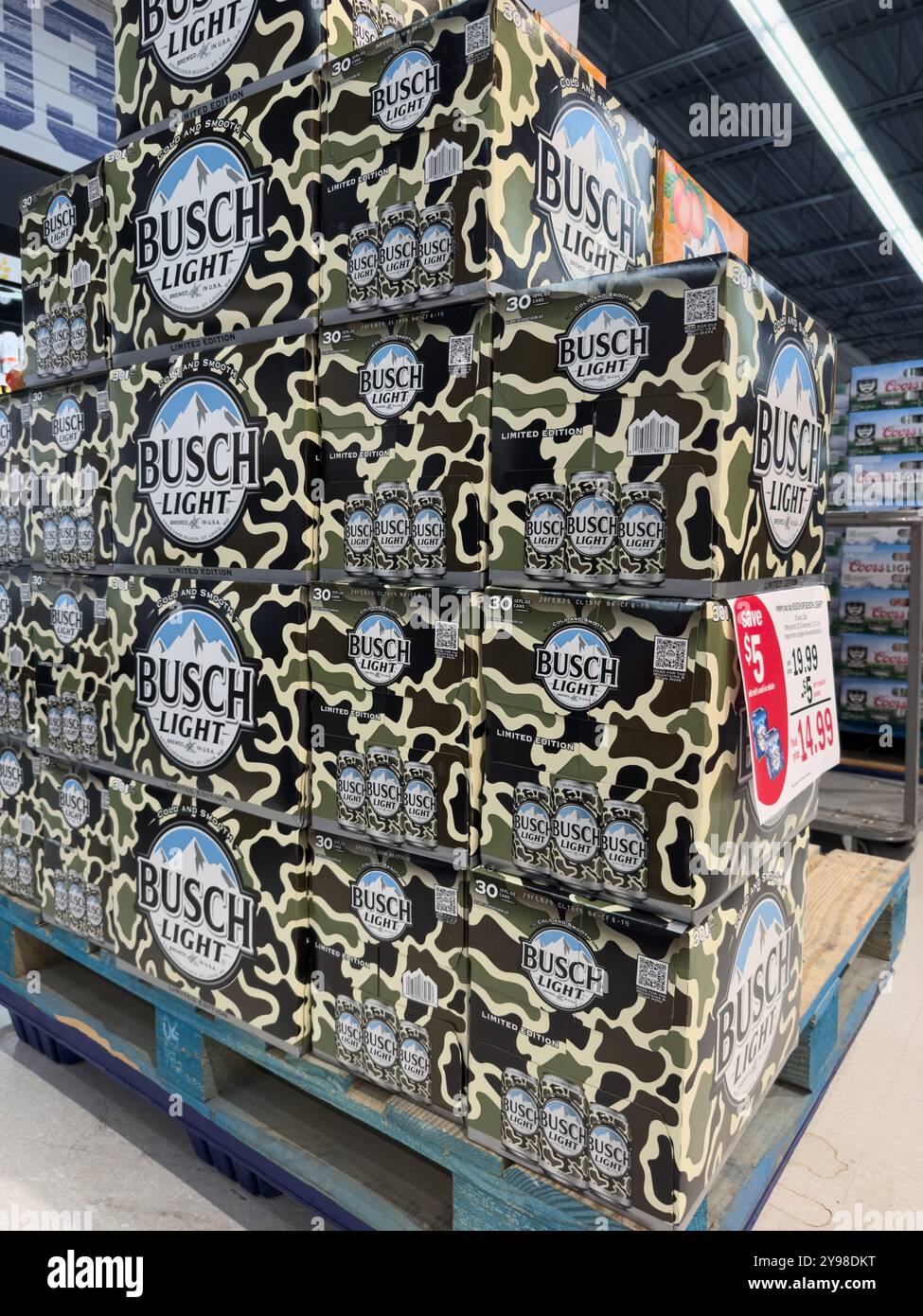 Display of cases of Busch Light Camo special limited edition beer at a ...