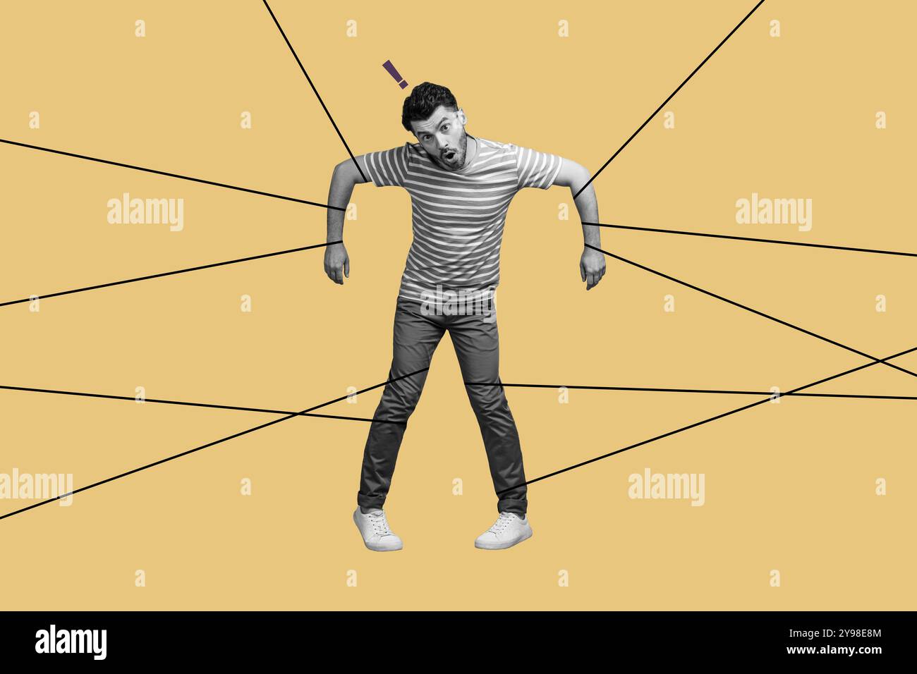 Composite photo collage of astonished man hang rope string trap problem ...