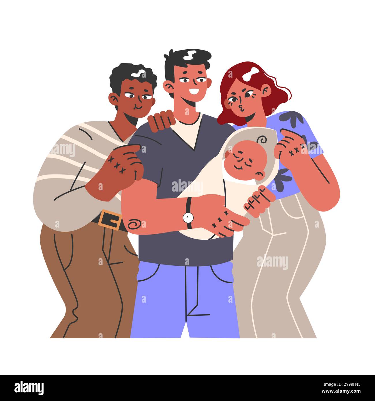 Characters welcoming a newborn at baby shower party. Happy friends ...