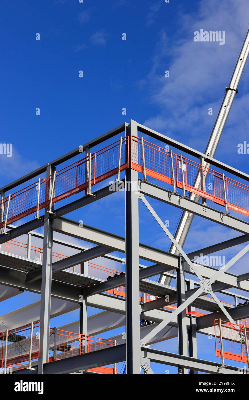 Radcliffe town regeneration, radcliffe civic hub steel skeleton frame erection with orange edge ...