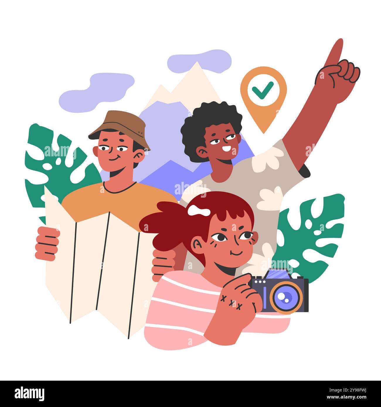 Group hiking or vacation. Characters exploring nature. Friends ...