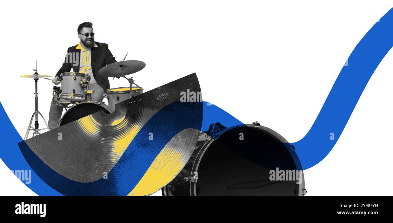 Poster. Contemporary art collage. Drummer performing on set with ...
