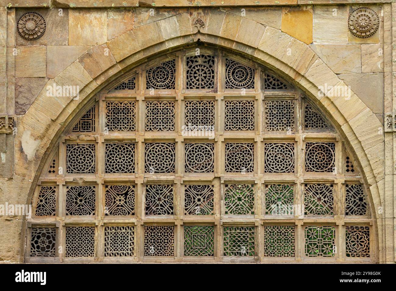 Carved intricate window, locally known as Jali, on the Sidi Saiyyed ...