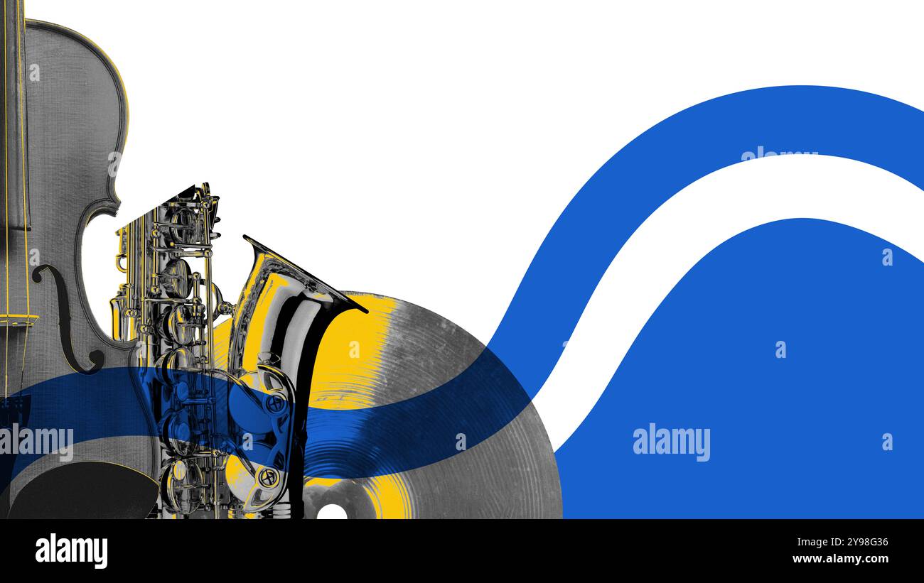 Poster. Contemporary art collage. Combination of violin, saxophone, and ...