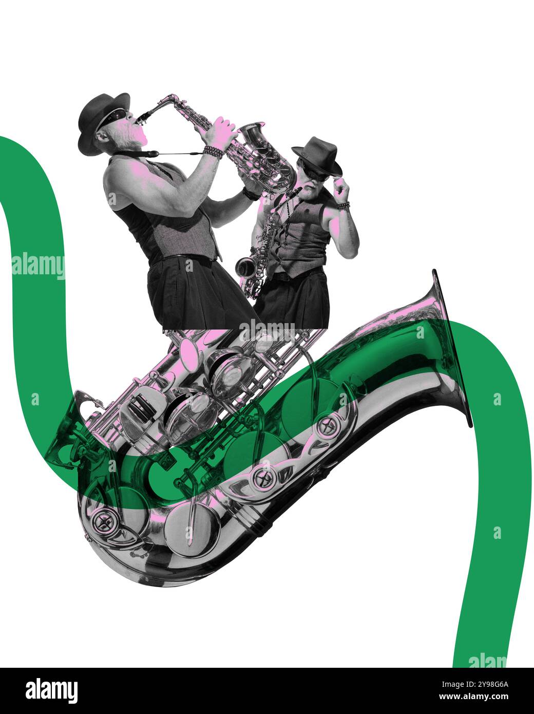 Poster. Contemporary art collage. Saxophonist in bold poses with green ...