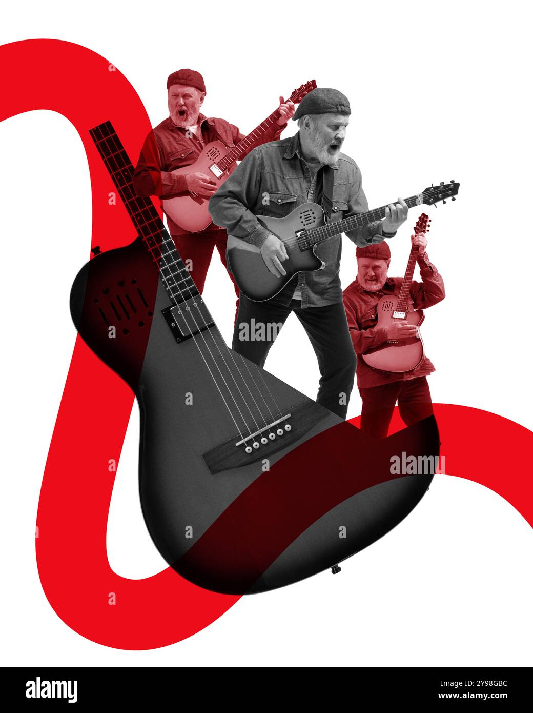 Poster. Contemporary art collage. Guitarist passionately performing ...