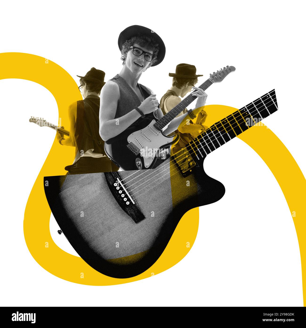 Poster. Contemporary art collage. Guitarist with electric guitars ...