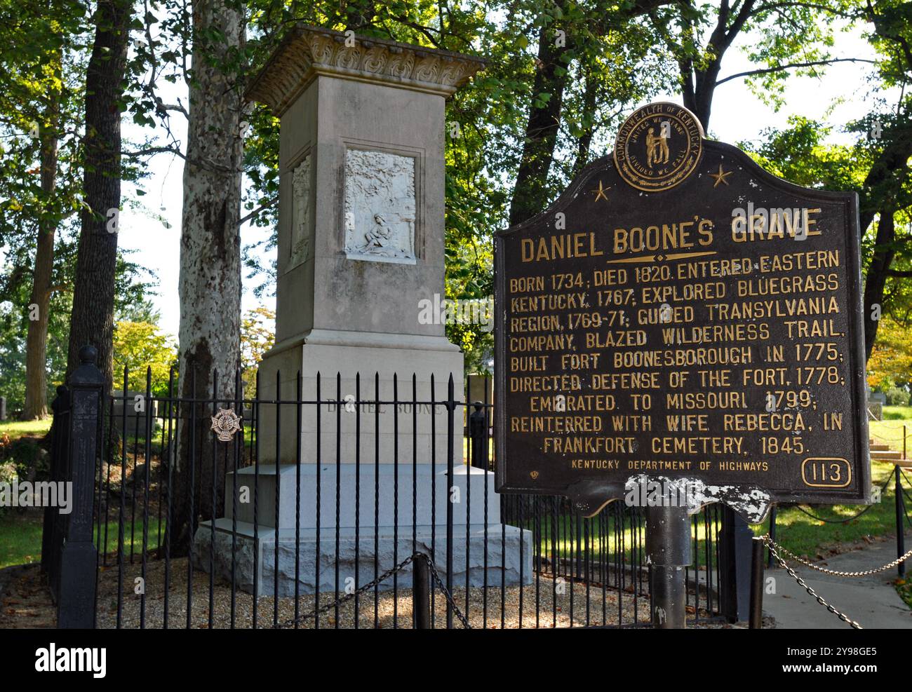 Grave of legendary American explorer and frontiersman Daniel Boone in the Frankfort Cemetery in ...