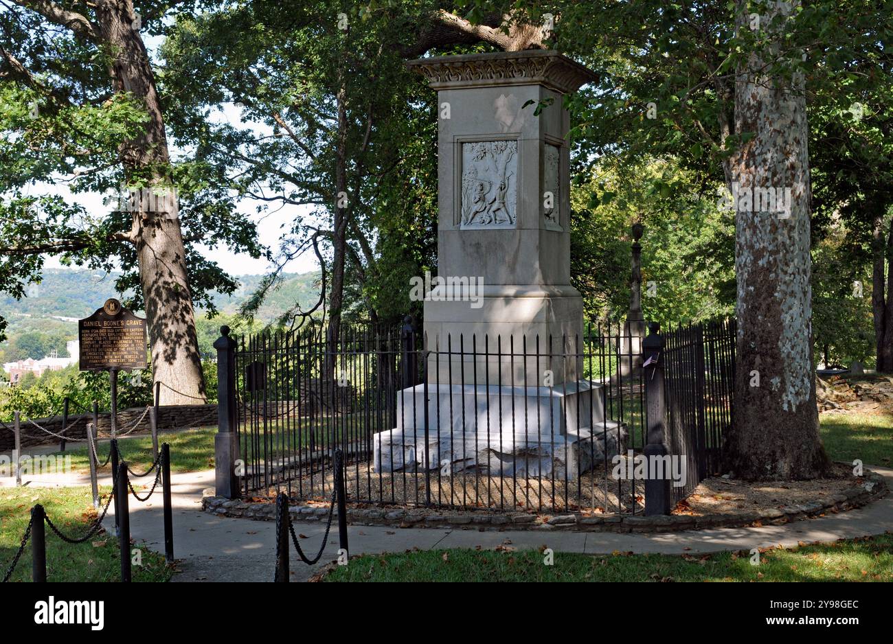 Grave of legendary American explorer and frontiersman Daniel Boone in the Frankfort Cemetery in ...