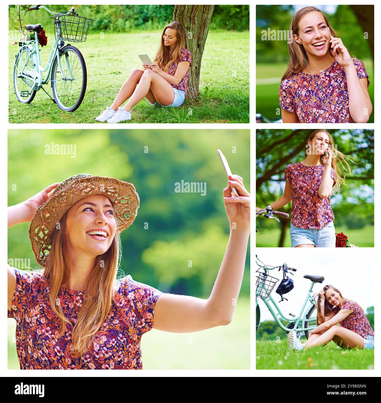 Collage, woman and happy at park to relax on break for fun, selfie and ...