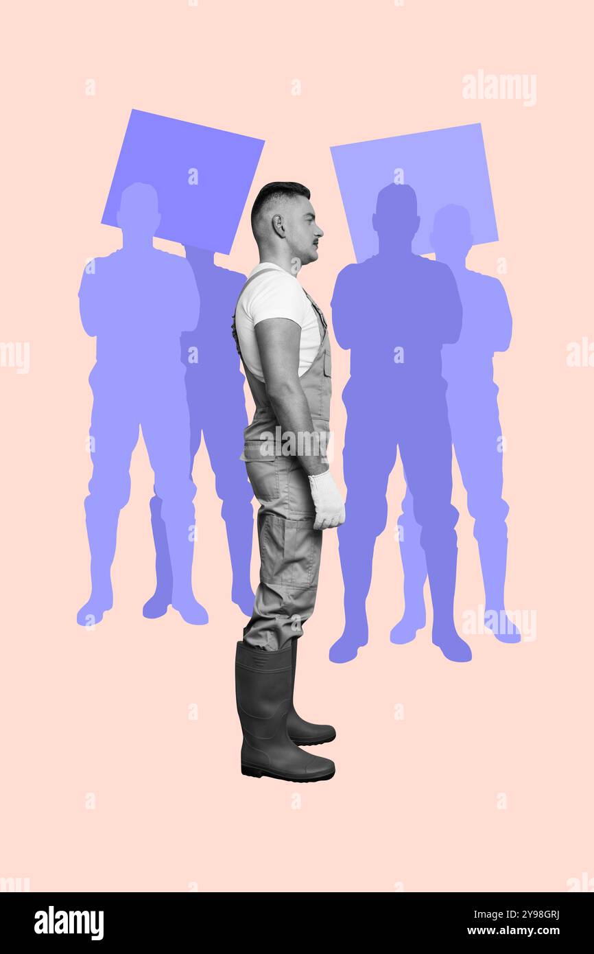 Composite collage image of young worker trade union protest ...