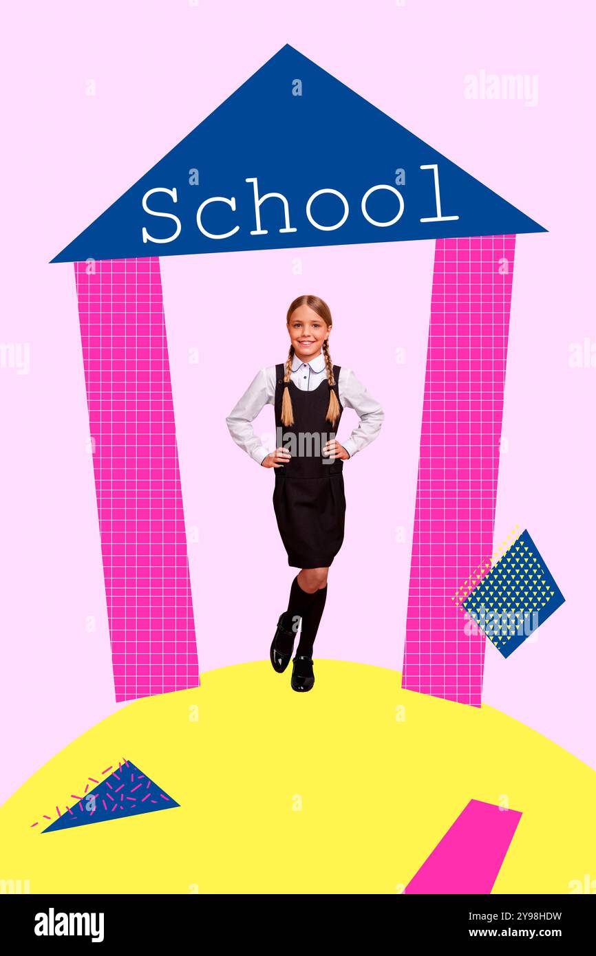 Creative poster collage of cute girl stand school building excellent ...