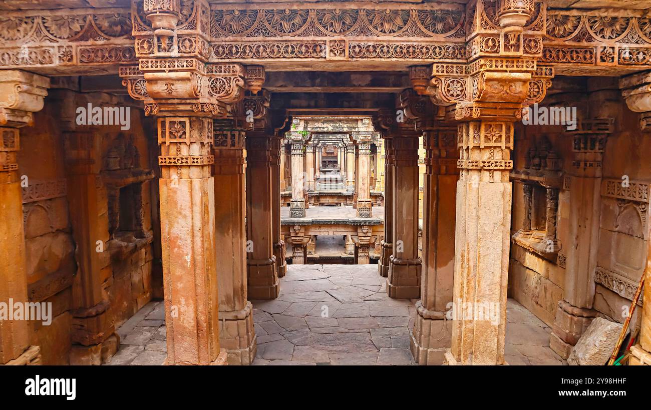 View of the beautifully carved ceiling and pillars of Ambapur Ni Vav or ...