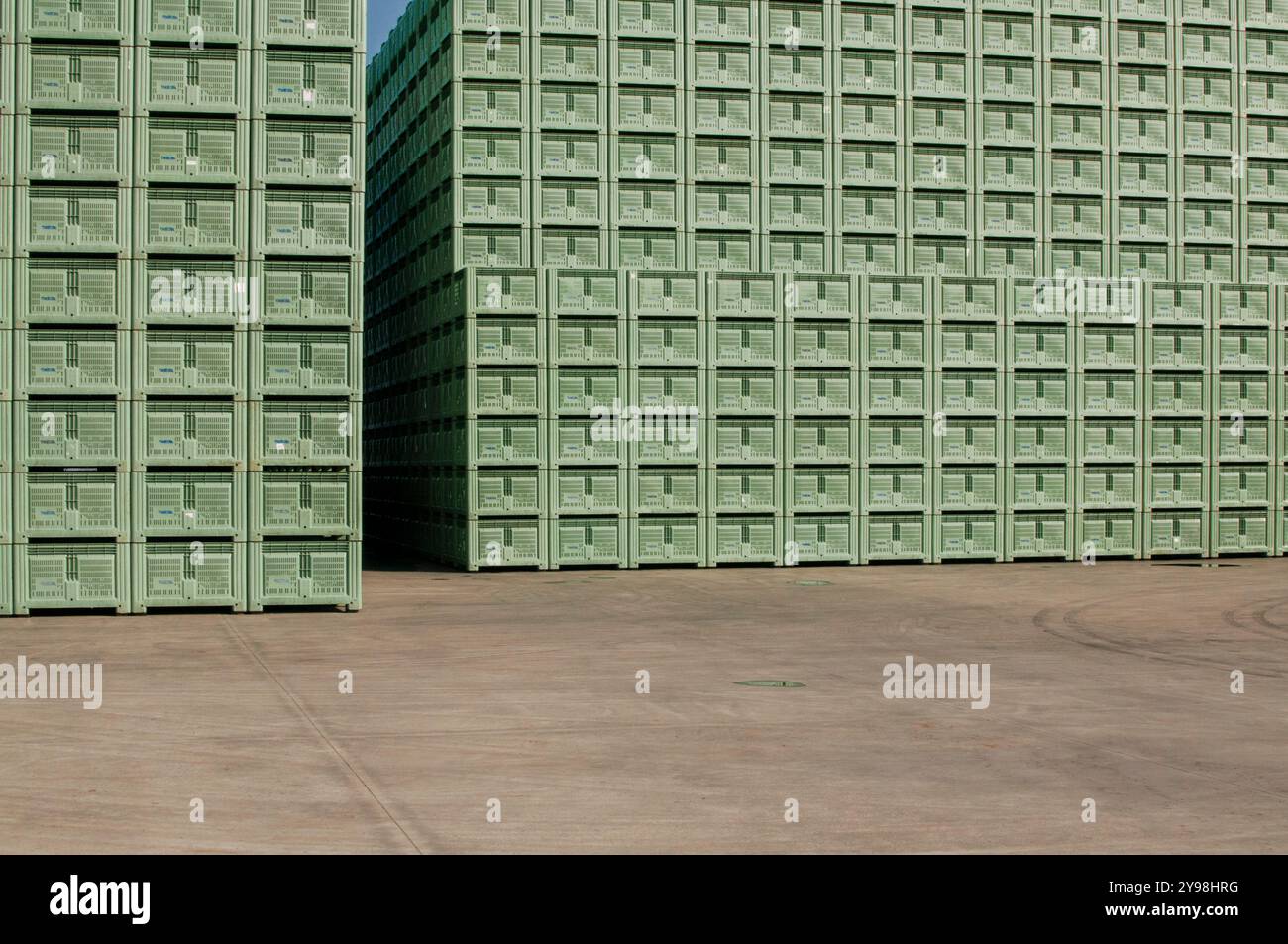 Structure of plastic boxes for fruit harvesting Stock Photo - Alamy