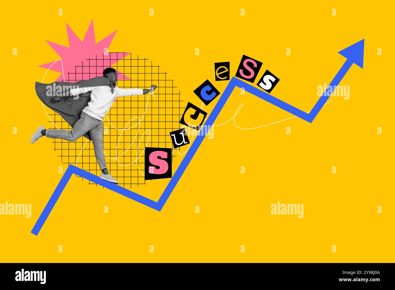 Creative drawing collage picture of funny young man superhero success ...