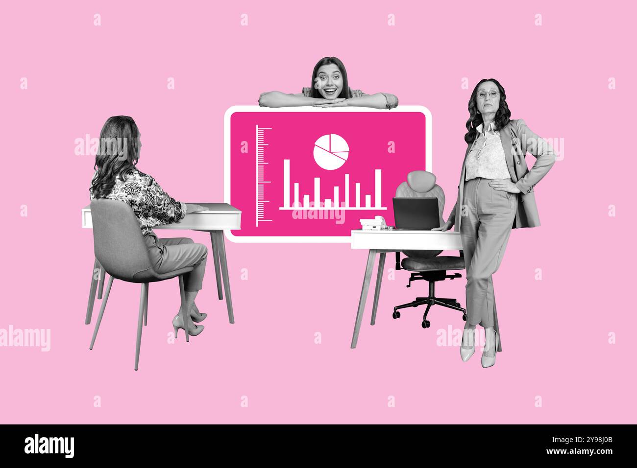 Creative trend collage of teamwork conference woman data analysis earn money freak bizarre ...