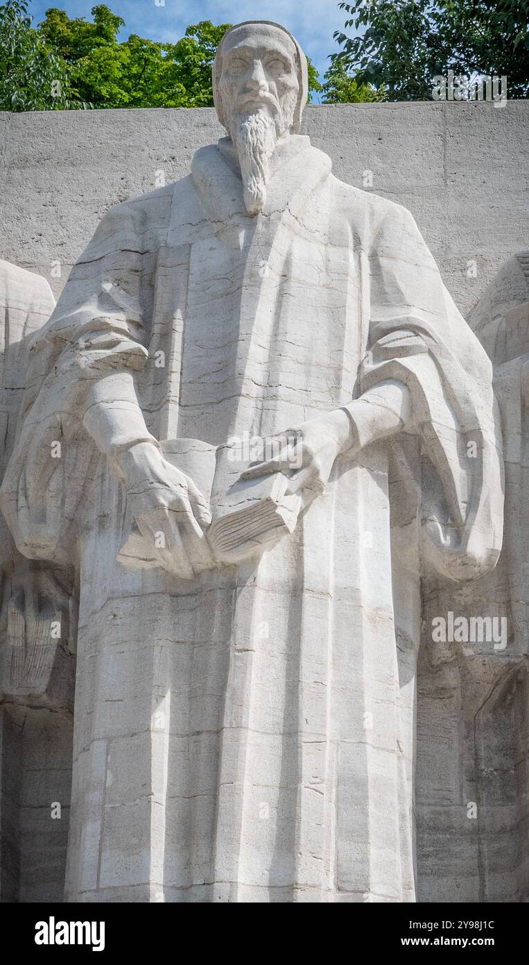 Jean Calvin's statue is seen on August 14th 2024 at the Geneva's ...