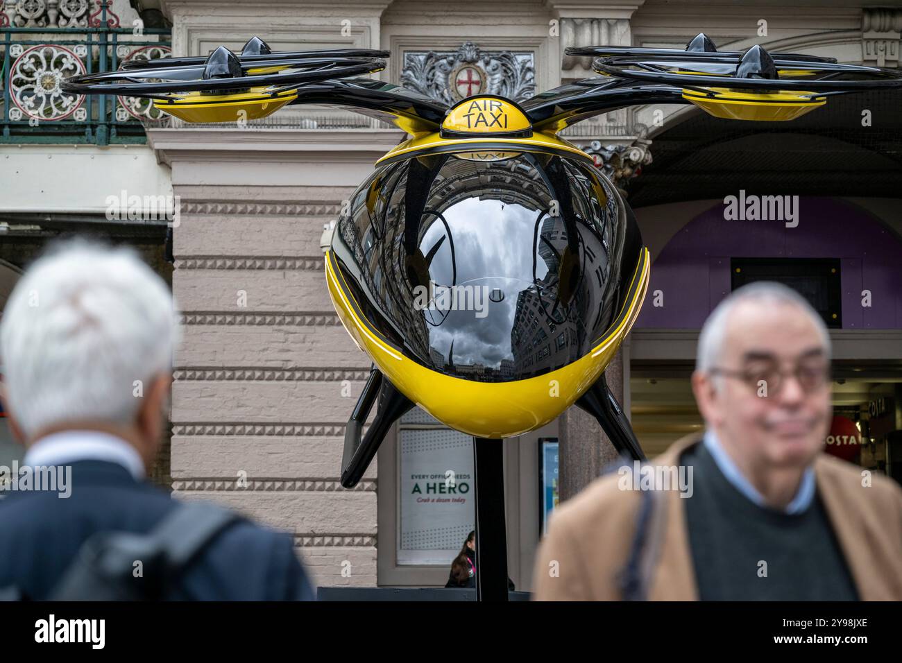 London, UK. 9 October 2024. An Air Taxi is on display outside Charing ...