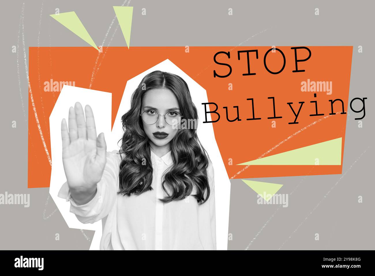 Composite photo collage of serious strict girl show palm stop gesture ...