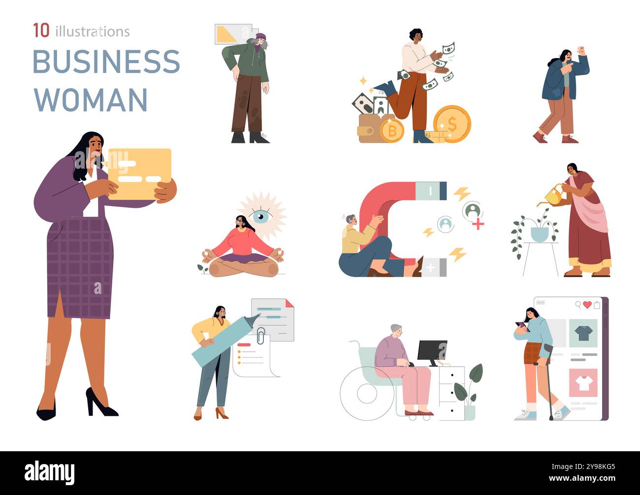 Business Woman set. Diverse professional roles and scenarios of women ...