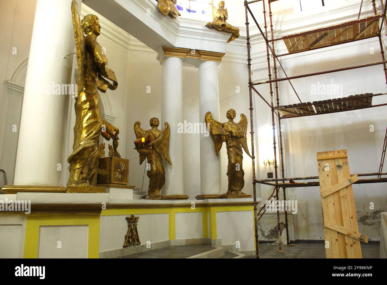 Statues of saints in the church. Renovation in a modern church temple ...
