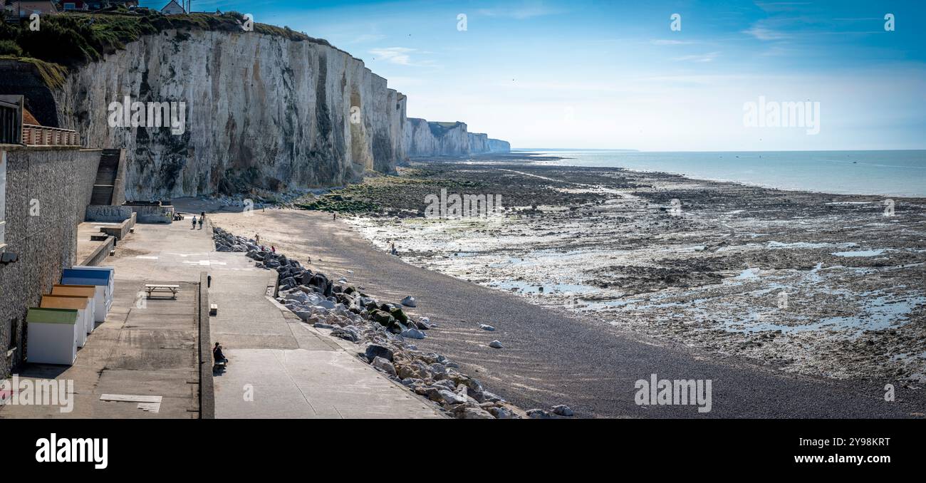 Ault, France - 09 15 2024: Panoramic view of Cliffs, white beach cabins ...