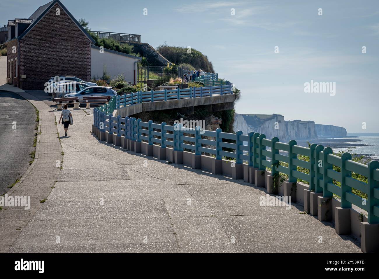 Ault, France - 09 15 2024: Panoramic view of Cliffs, blue barriers and ...
