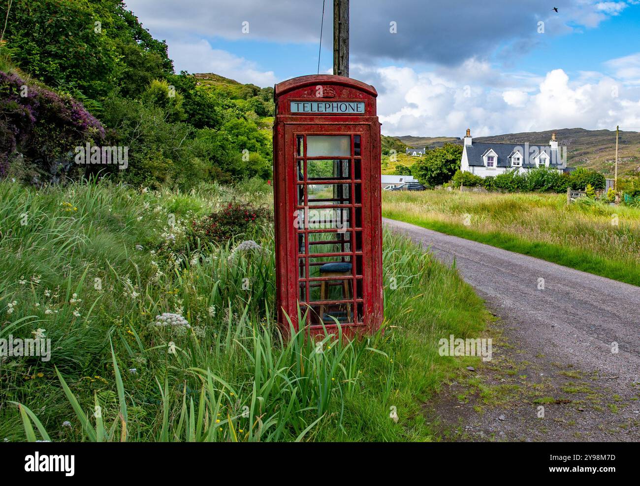 Old red telephone box, Toscaig, Applecross peninsular, Wester Ross ...