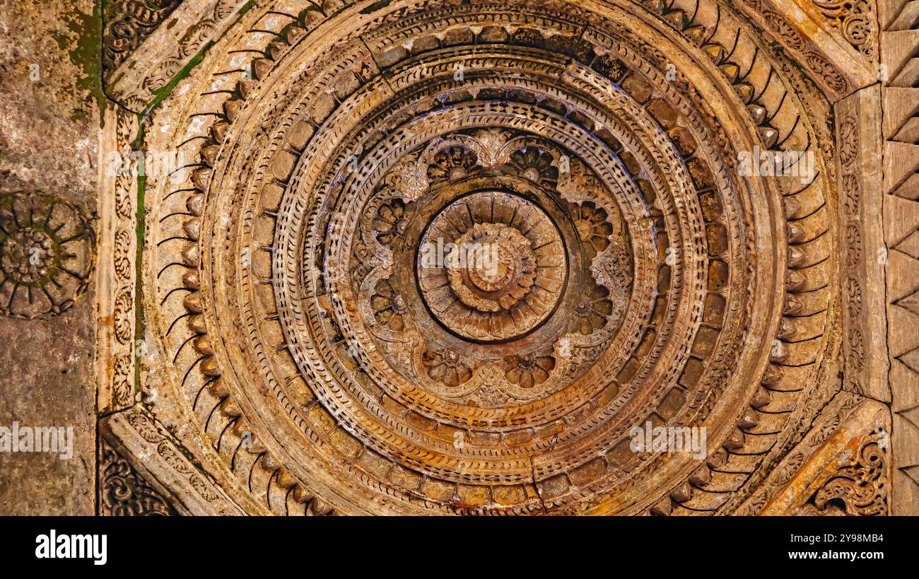 Beautifully carved ceiling of the mandapa of Malai Mata Temple, a 12th ...