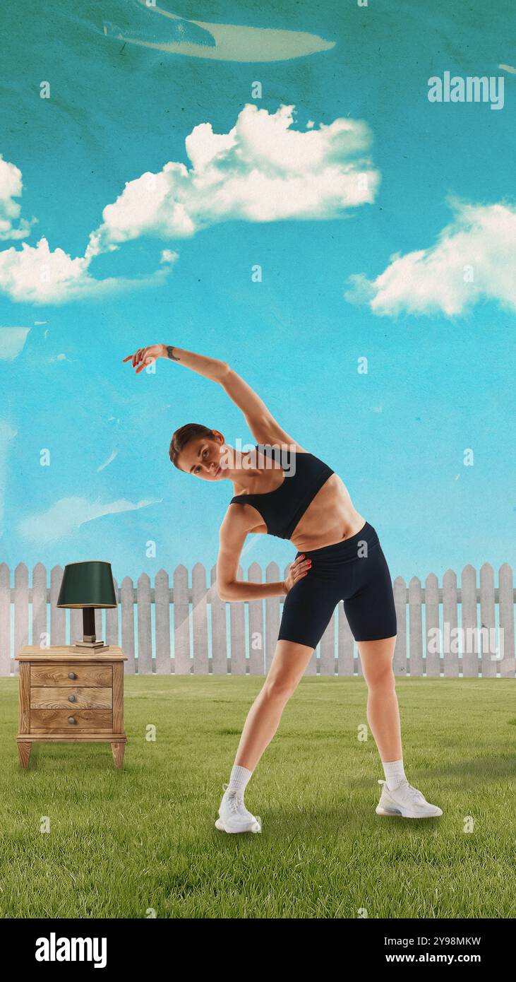 Woman does side stretch in peaceful garden scene with nightstand next ...