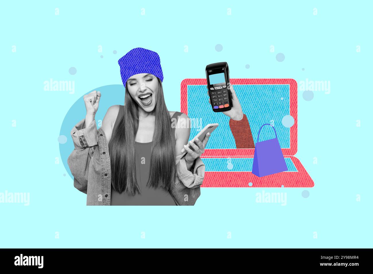 Composite artwork collage image picture of arm hold terminal pos girl ...