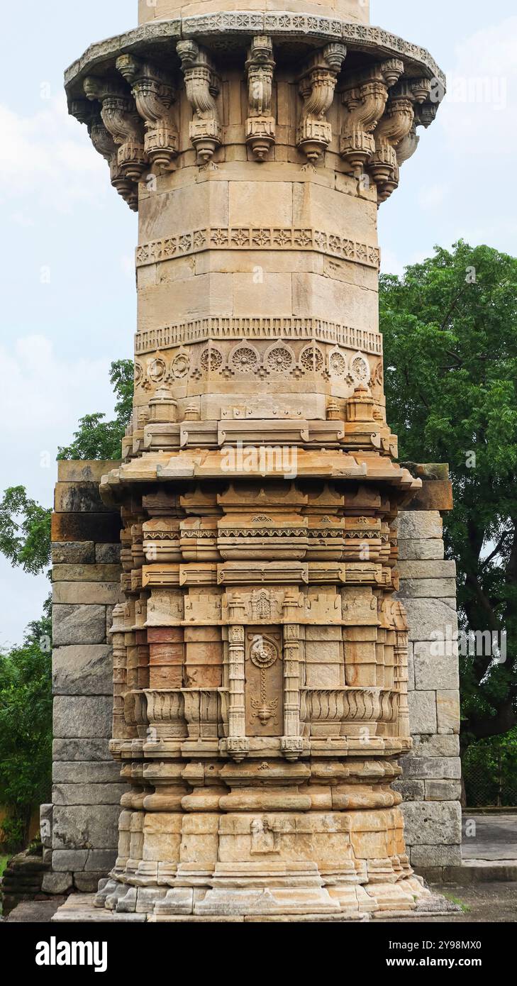 Carving details on the minar, Ek Minar Ki Masjid, Champaner, Panchmahal ...