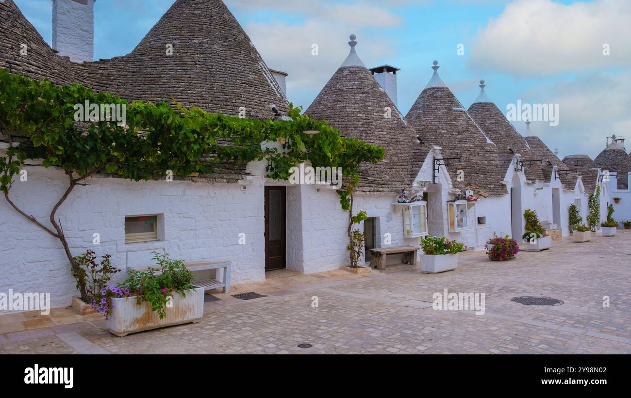 A row of traditional trulli houses adorned with vines captures the ...