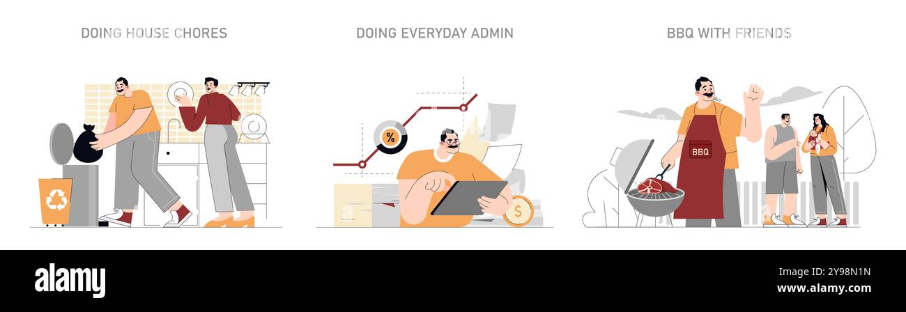 Daily routine set. Domestic chores, administrative tasks, and ...