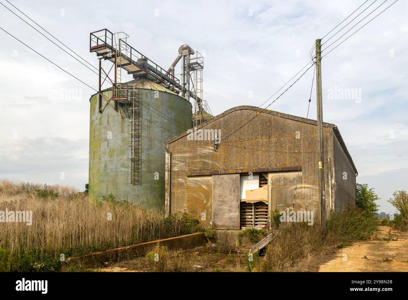 Grain storage silos and asbestos barn in farmyard, Alderton, Suffolk ...