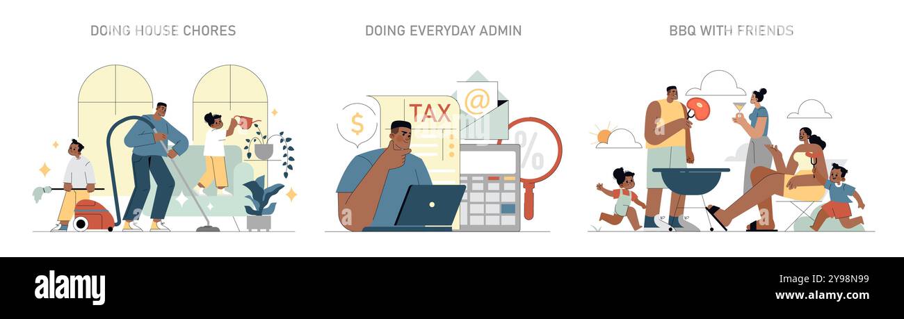 Daily routine set. Family engaging in household chores, a man managing ...