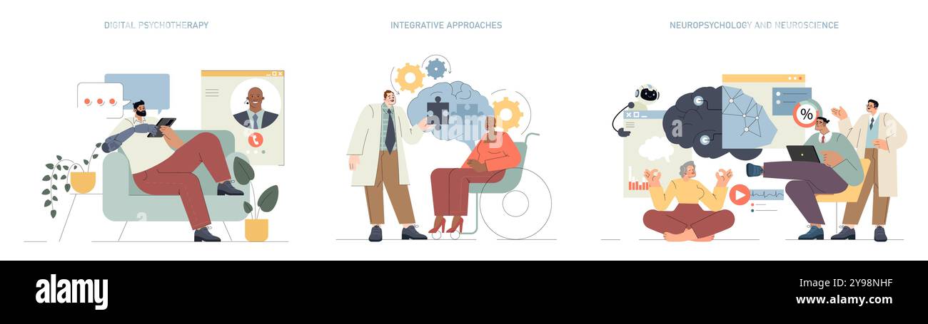 Psychology set. Depiction of modern therapy methods, including digital ...
