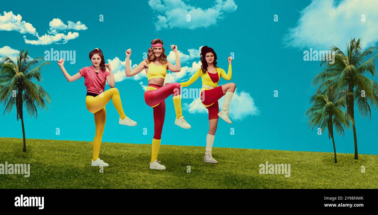 Three women in 80s aerobics attire joyfully training under blue sky ...