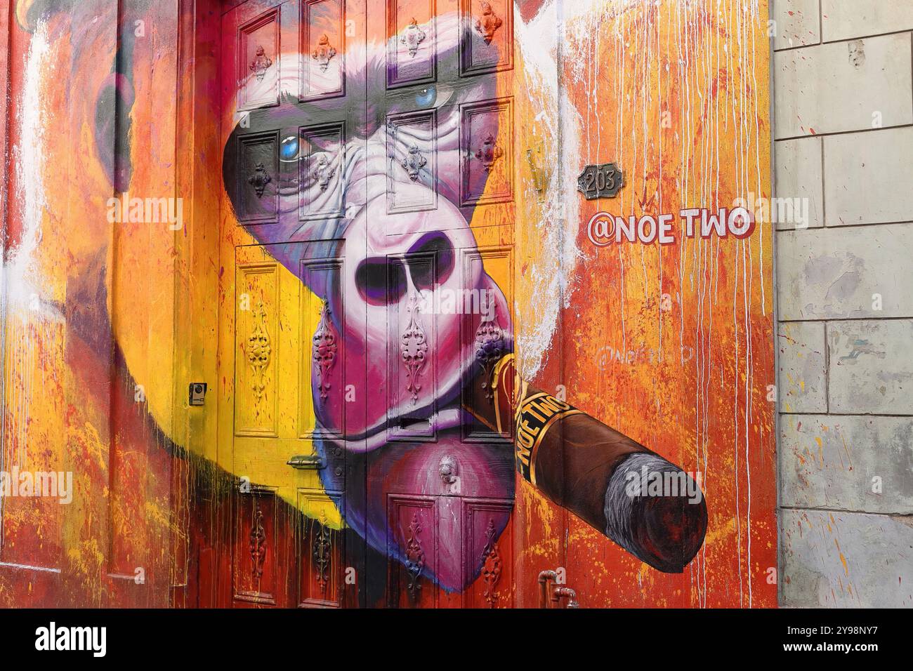 799 Gorilla smoking a big cigar with an expressive look, colorful mural ...