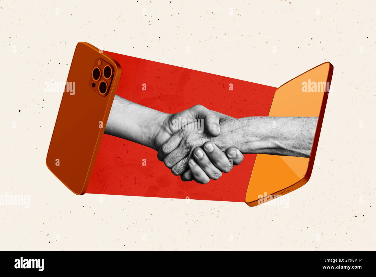 Composite artwork collage image picture of arms handshake smart phone ...