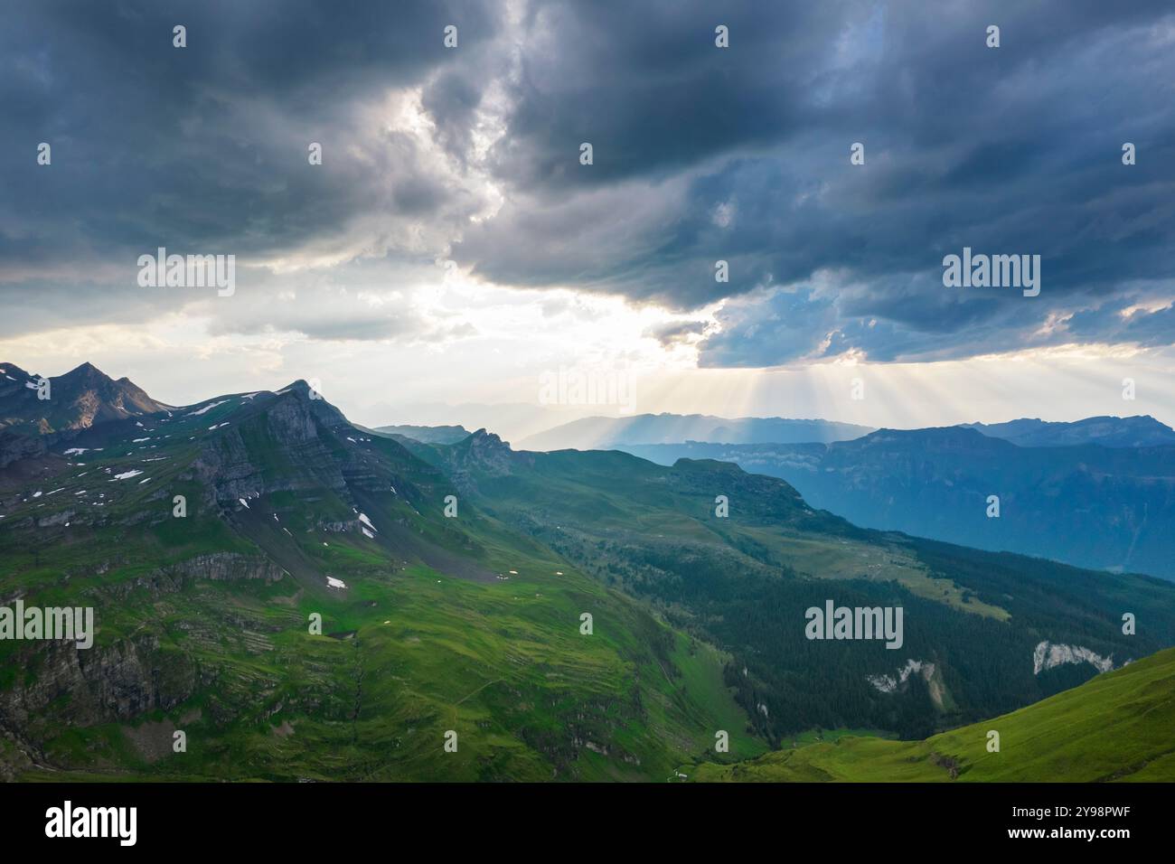 highland panorama of Swiss Alps mountains. Alpine valley Grindelwald ...
