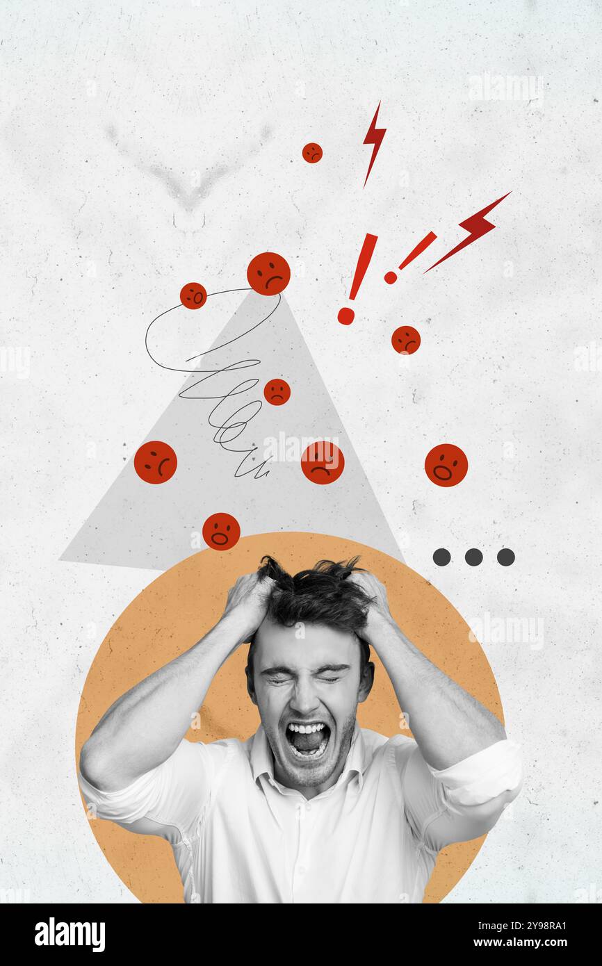 Vertical photo collage of angry scream man bad emoji bullying concept ...