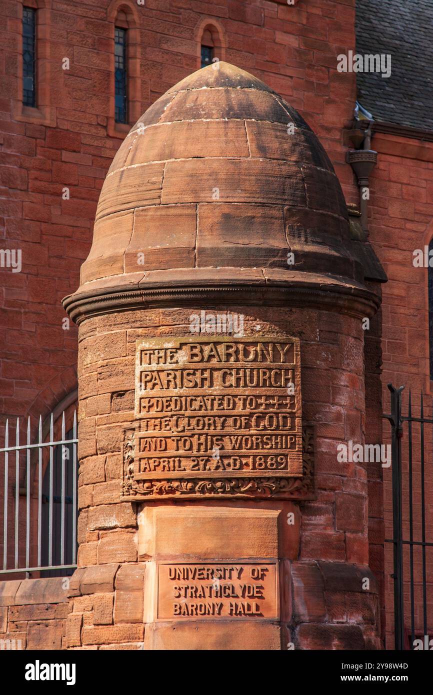 Sandstone brick built pillar and plaque, Barony Parish Church ...