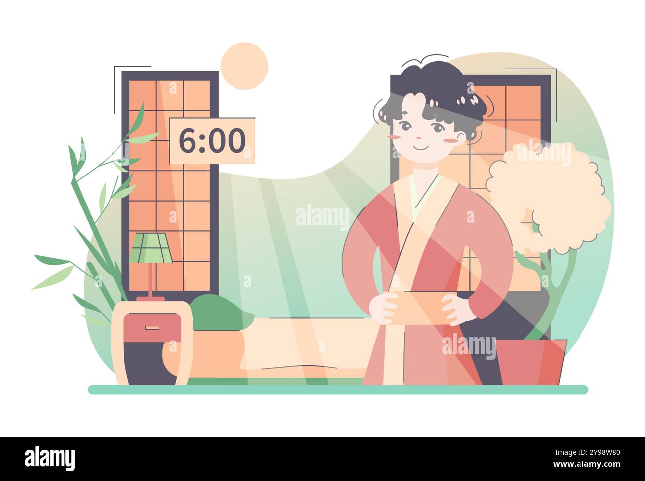 Daily routine of an asian man. Japanese male character in traditional ...