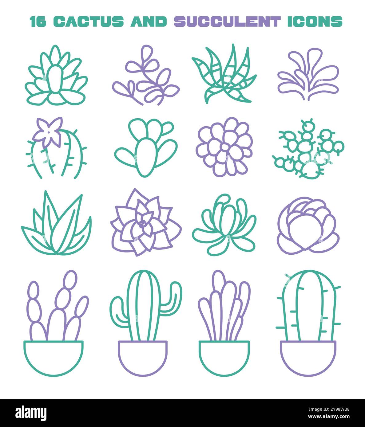 Succulents and cactuses icons set. Simple colored illustration of cute ...