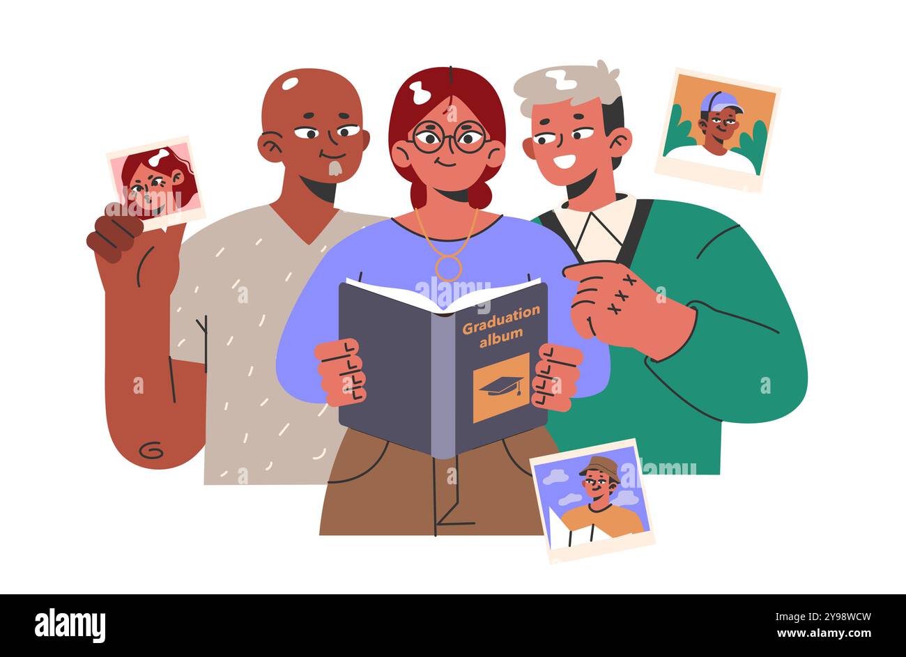 Group of old friends recon positive memories looking at photographics ...